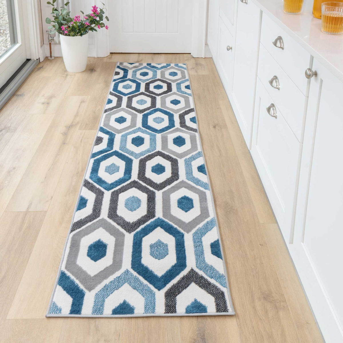 Madison York Blue & Grey Geometric Honeycomb Long Hall Runner Rug ...