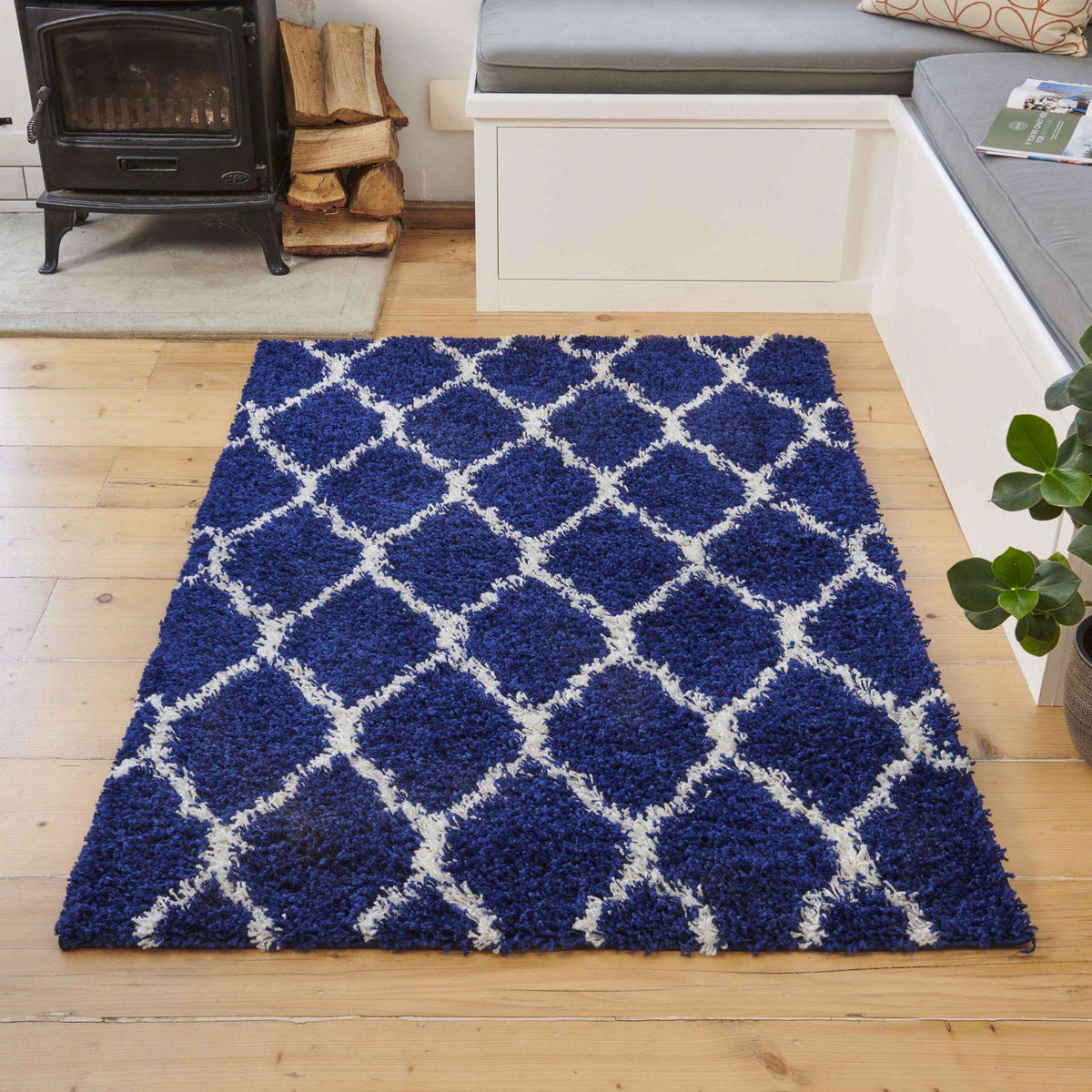 Aria Deali Navy Blue Moroccan Trellis Shaggy Rug – loomedhome
