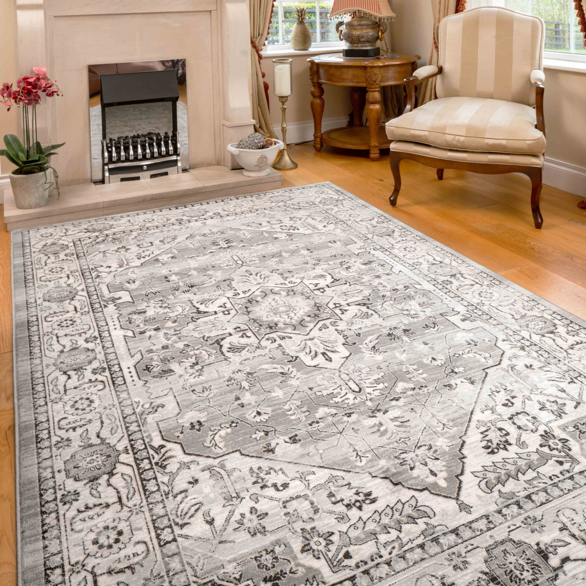 Vienna Constance Grey Oriental Medallion Floral Rug – loomedhome
